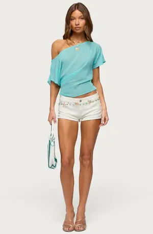 EDIKTED Noria One-shoulder Sheer Chiffon Top