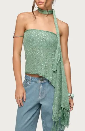 EDIKTED Two-piece Sequin Scarf Top - Sage