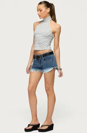 EDIKTED Meshy Studded Cutoff Denim Shorts