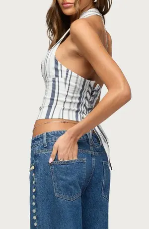 EDIKTED Sofey Stripe Denim Halter Top