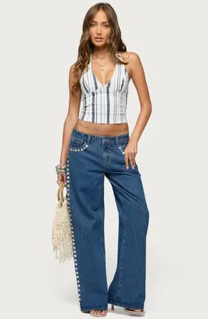 EDIKTED Sofey Stripe Denim Halter Top