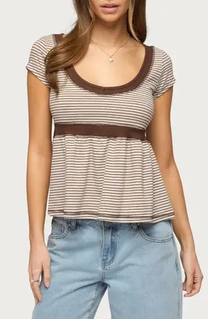 EDIKTED Babydoll Stripe Knit Top - Brown