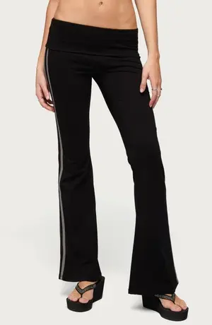 EDIKTED Charly Stripe Foldover Flare Pants - Black