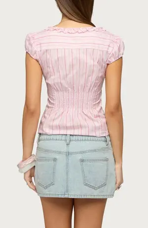 EDIKTED Georgia Ruffle Stripe Cotton Button-up Shirt