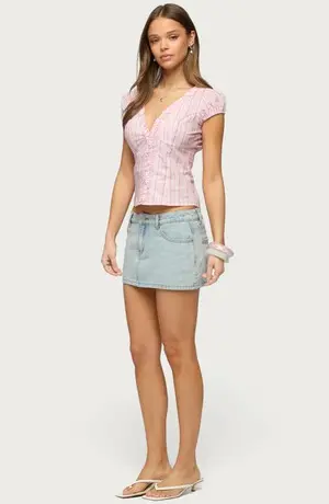 EDIKTED Georgia Ruffle Stripe Cotton Button-up Shirt