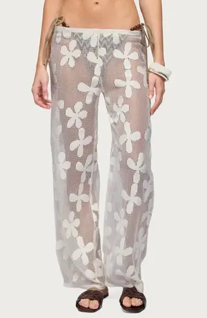 EDIKTED Sheer Floral Lace-up Cover-up Pants - Cream