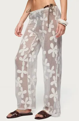 EDIKTED Sheer Floral Lace-up Cover-up Pants