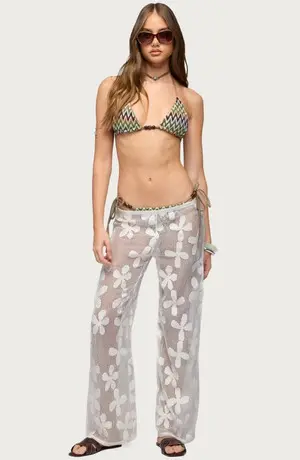 EDIKTED Sheer Floral Lace-up Cover-up Pants