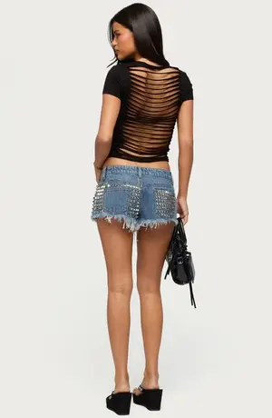 EDIKTED Studded Cutoff Denim Shorts
