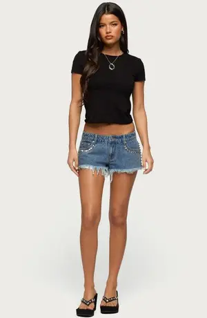 EDIKTED Studded Cutoff Denim Shorts