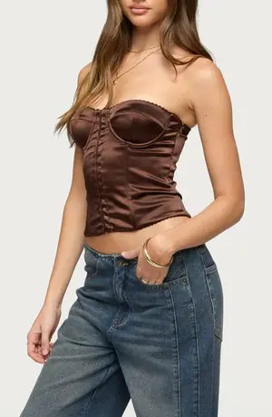 EDIKTED Strapless Underwire Satin Effect Crop Top