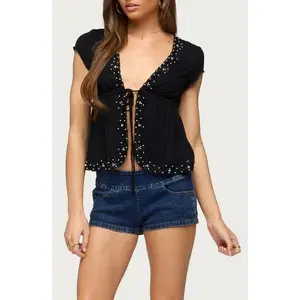 EDIKTED Sepede Lacey Faux Pearl Tie Front Top