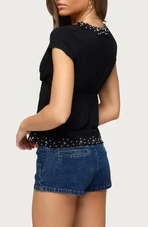 EDIKTED Sepede Lacey Faux Pearl Tie Front Top