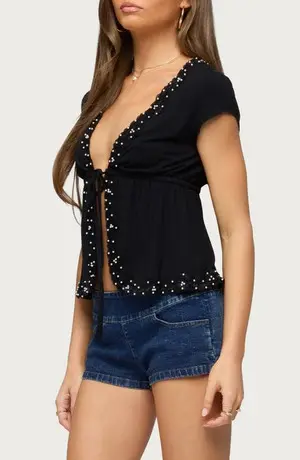 EDIKTED Sepede Lacey Faux Pearl Tie Front Top