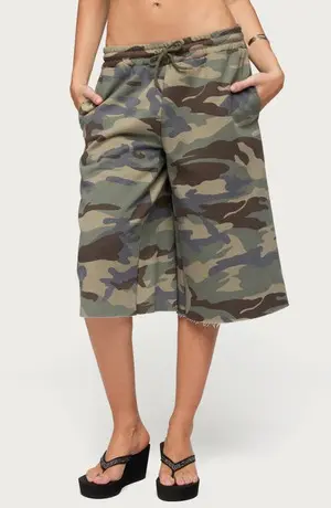 EDIKTED Camo Rush Drawstring Bermuda Shorts - Olive