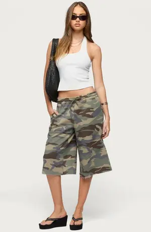 EDIKTED Camo Rush Drawstring Bermuda Shorts
