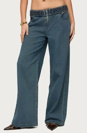 EDIKTED Braided Waistband Wide Leg Jeans - Blue-washed
