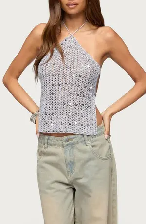EDIKTED Thaly Backless Sequin Crochet Top - Silver