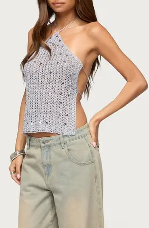 EDIKTED Thaly Backless Sequin Crochet Top