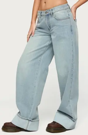EDIKTED Contrast Heart Pockets Wide Leg Jeans
