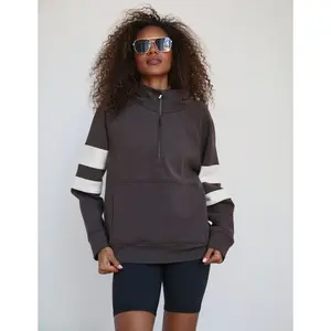 GLYDER Cottontech Scuba Knit 1/4 Zip Jacket - Java/oatmilk Stripes