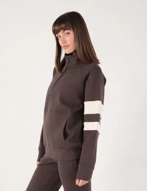 GLYDER Cottontech Scuba Knit 1/4 Zip Jacket - Java/oatmilk Stripes