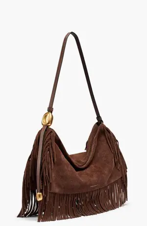 Donna Karan New York Velvet Suede Fringe Shoulder Bag - Chocolate