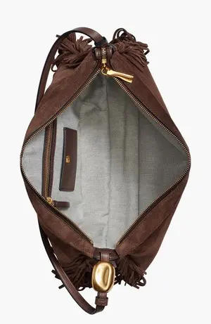Donna Karan New York Velvet Suede Fringe Shoulder Bag - Chocolate