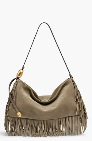 Donna Karan New York Velvet Suede Fringe Shoulder Bag - Truffle
