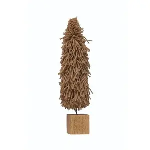 STORIED HOME Fabric Yarn Tree With Wood Block Base - Tan