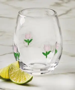 TAG Flower Bouquet Stemless Wine Glass 16 Oz Multi Glass 3.5x3.5x4.5