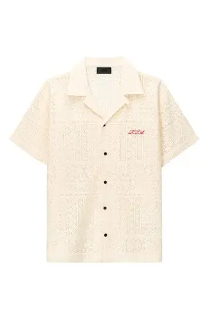 RtA Nathan Oversized Open Weave Button-up Camp Shirt - Sand Cursive