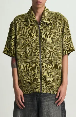 RtA Zeno Topography Short Sleeve Zip-up Shirt - Black Topography