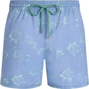 Vilebrequin Ultra-light Packable Swim Shorts With Turtle Print - Cyan