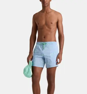 Vilebrequin Ultra-light Packable Swim Shorts With Turtle Print - Cyan