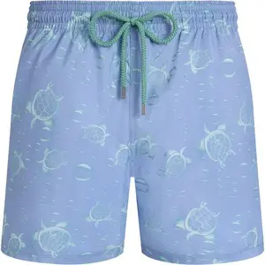 Vilebrequin Ultra-light Packable Swim Shorts With Turtle Print - Cyan