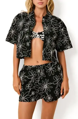 Solid & Striped Ezra Embroidered Crop Cotton Cover-up Camp Shirt - Floral Doodle Noir