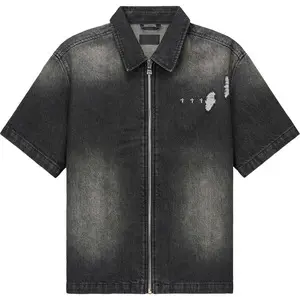RtA Zeno Distressed Short Sleeve Denim Zip Shirt - Fray Noir