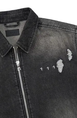 RtA Zeno Distressed Short Sleeve Denim Zip Shirt