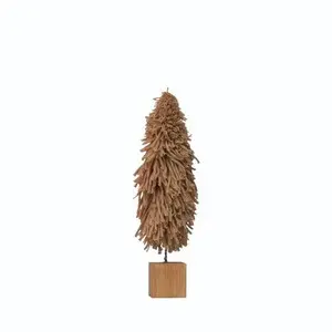 STORIED HOME Fabric Yarn Tree With Wood Block Base - Tan