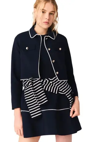 Maje Short Jacket With Contrast Trim - Navy