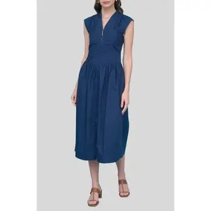 ZOE AND CLAIRE Seamed Cotton Fit & Flare Dress - Navy