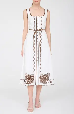 ZOE AND CLAIRE Floral Embroidered Belted Cotton Midi Dress - Off White