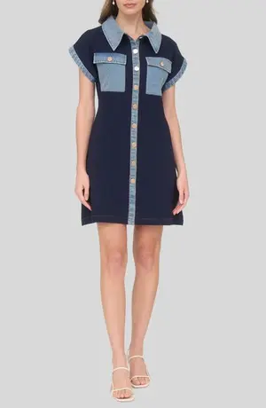 ZOE AND CLAIRE Knit Denim Trim Mini Dress - Navy