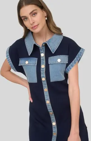 ZOE AND CLAIRE Knit Denim Trim Mini Dress