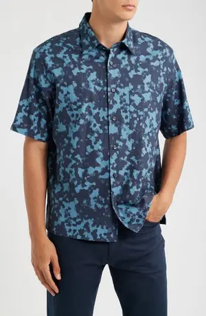 Theory Weekend Short Sleeve Seersucker Button-up Shirt - Baltic Multi