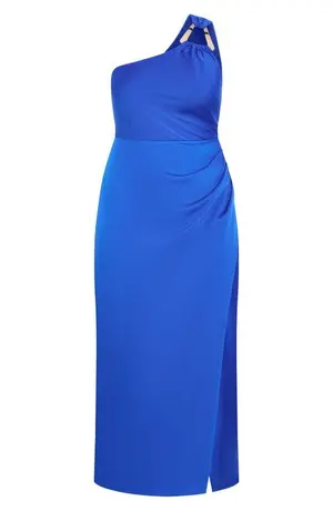 City Chic One-shoulder Maxi Dress With Gold Hardware - Cerulean