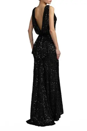 Mac Duggal Sleeveless Sequin Cowl Back Evening Gown - Black
