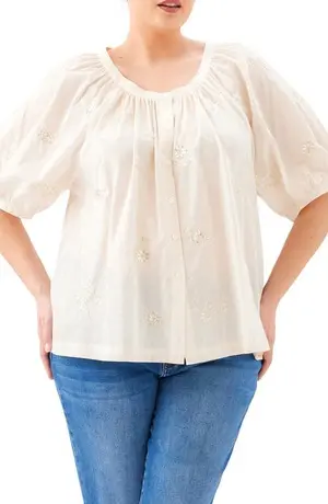 Karen Kane Embroidered Button-up Peasant Top - Natural