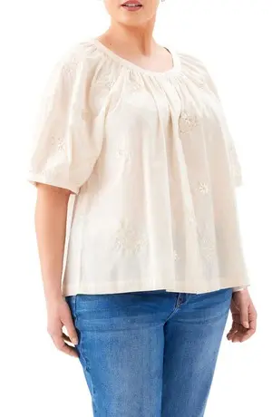 Karen Kane Embroidered Button-up Peasant Top